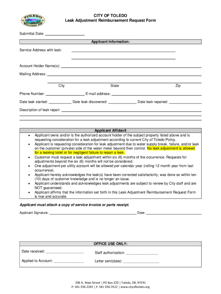 Fillable Online CITY OF TOLEDO Leak Adjustment Reimbursement Request Form Fax Email Print ...