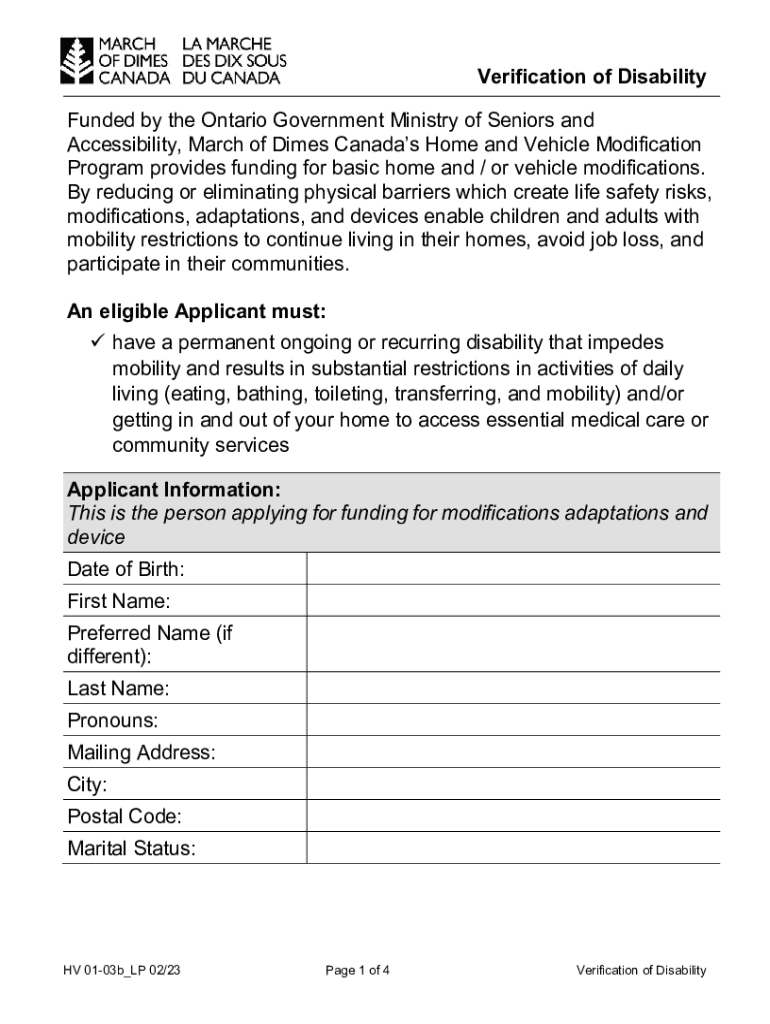Fillable Online Verification of Disability Funded by the Ontario ...