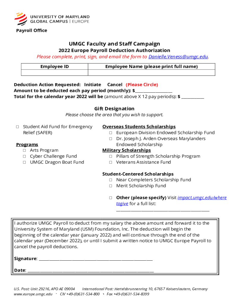 Fillable Online 2019 UMUC Faculty and Staff EUROPE Payroll Deduction Authorization.docx Fax ...