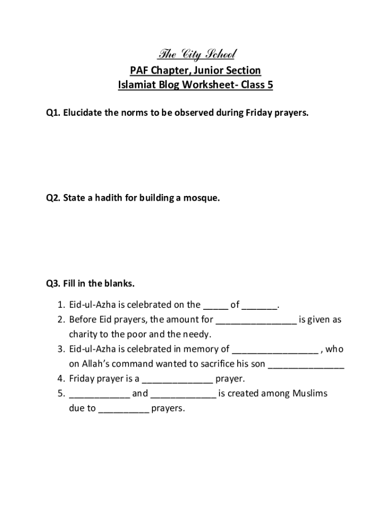 Fillable Online Class 5 Home Work / Worksheets - PAF JUNIORS Fax Email ...