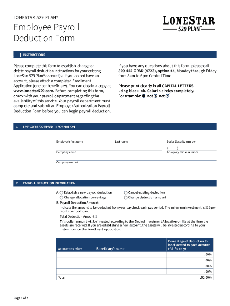 Fillable Online LONESTAR 529 PLAN - Employee Payroll Deduction Form Fax ...