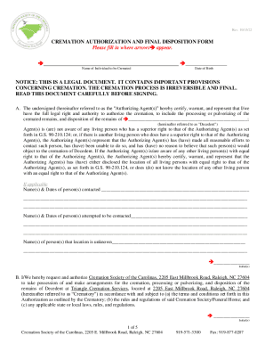 Fillable Online cremation authorization and final disposition form Fax ...