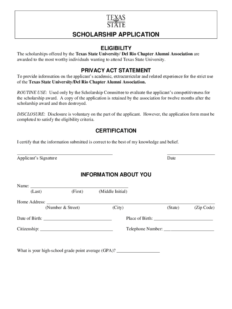 Fillable Online Scholarships - Texas State Alumni Association Fax Email Print - pdfFiller