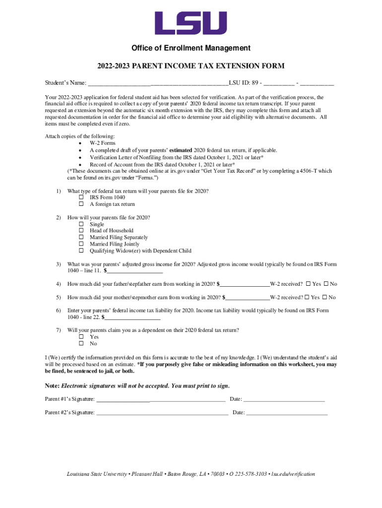 Fillable Online 2022-2023 PARENT INCOME TAX EXTENSION FORM Fax Email ...