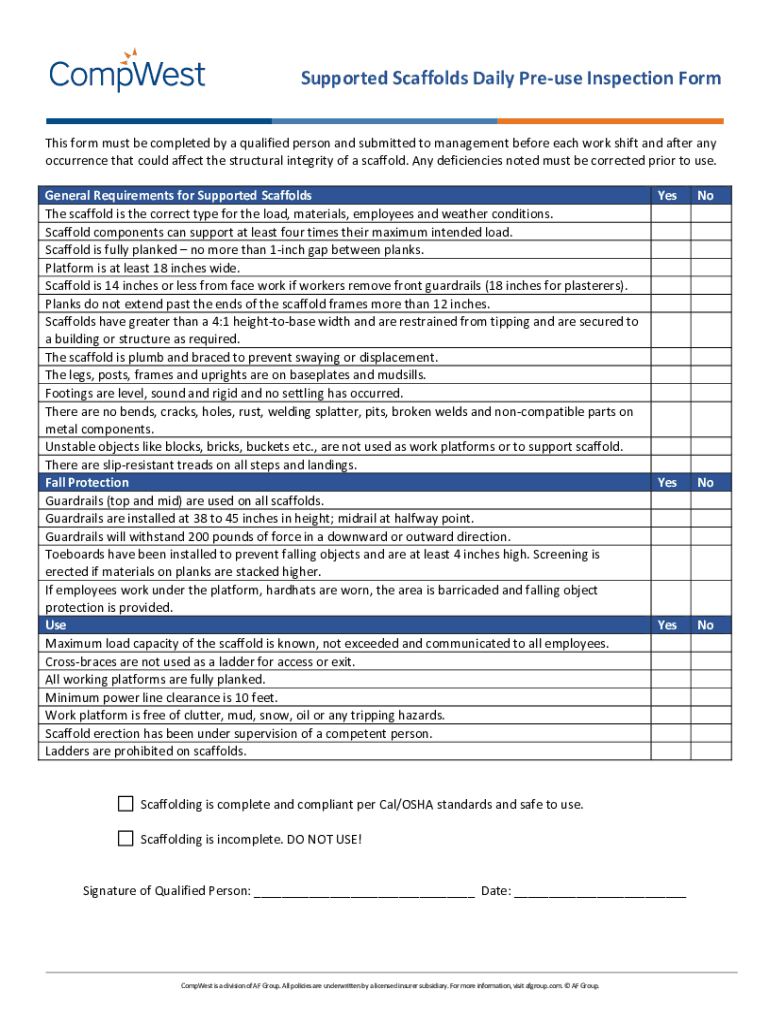Fillable Online Supported Scaffolds Daily Pre-use Inspection Form Fax ...
