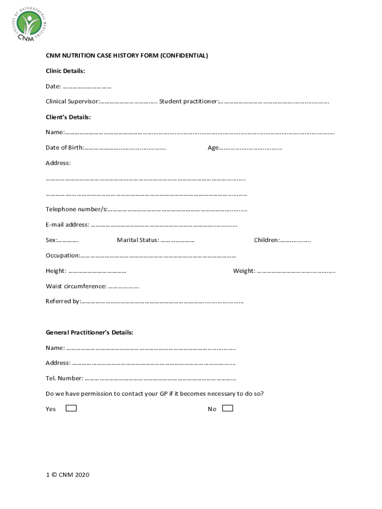 Fillable Online cnm - nutrition case history form (confidential) Fax ...