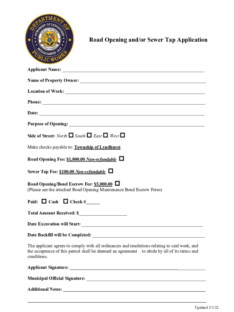 Fillable Online Road Opening and/or Sewer Tap Application Fax Email Print - pdfFiller