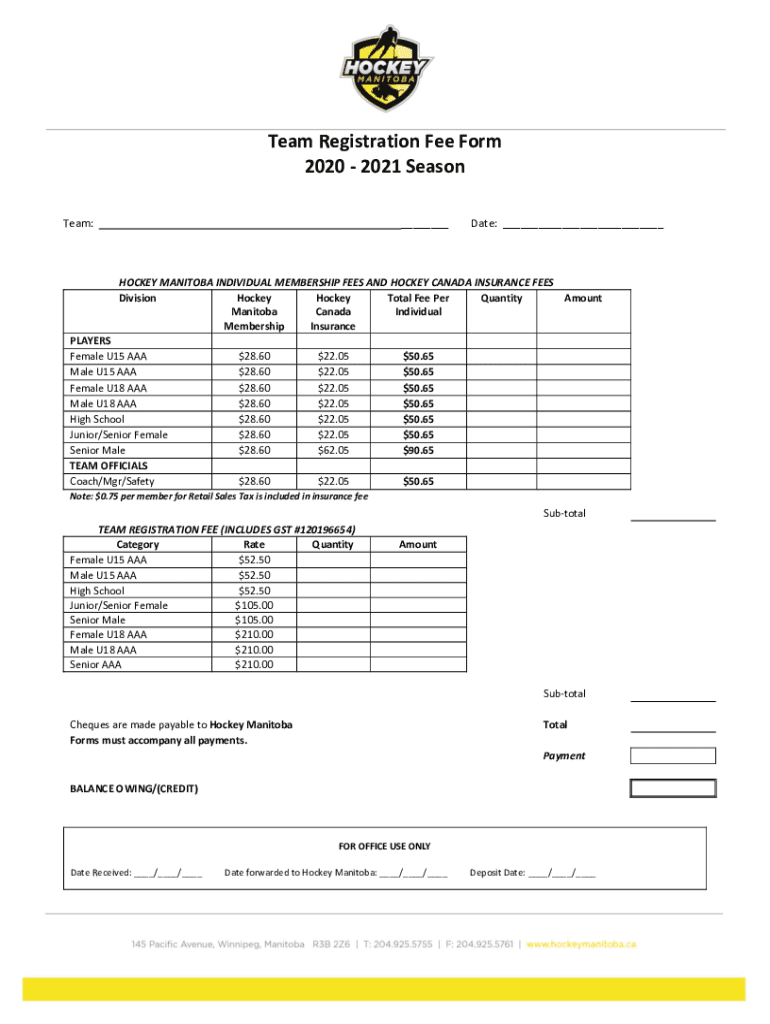 Fillable Online Team Registration Fee Form 2020 - 2021 Season Fax Email ...