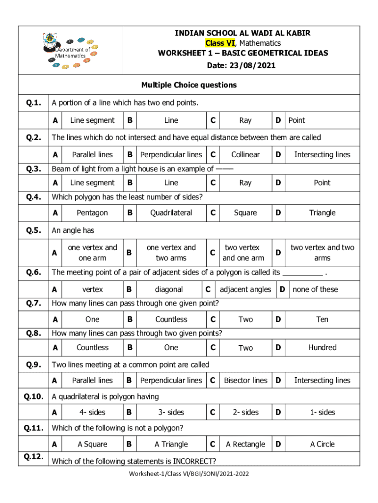 Fillable Online Basic Geometrical Ideas Worksheet-1 for Class 6 MathsPW ...