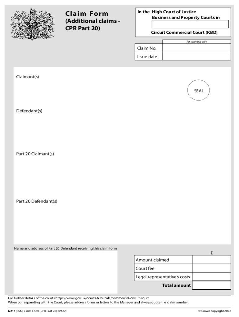 Fillable Online N211(RCC) Claim Form (CPR Part 20). N211(RCC) Claim ...