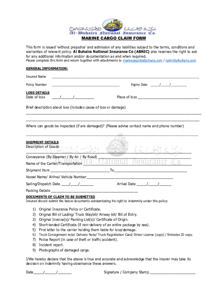 Fillable Online MARINE CARGO CLAIM FORM Fax Email Print - pdfFiller