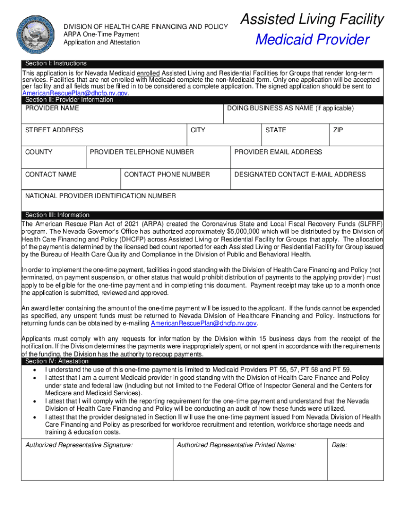 Fillable Online dhcfp nv Fillable Application for ARPA One-Time Payment ...