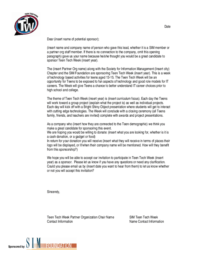 Fillable Online Date Dear (insert name of potential sponsor); (insert ...