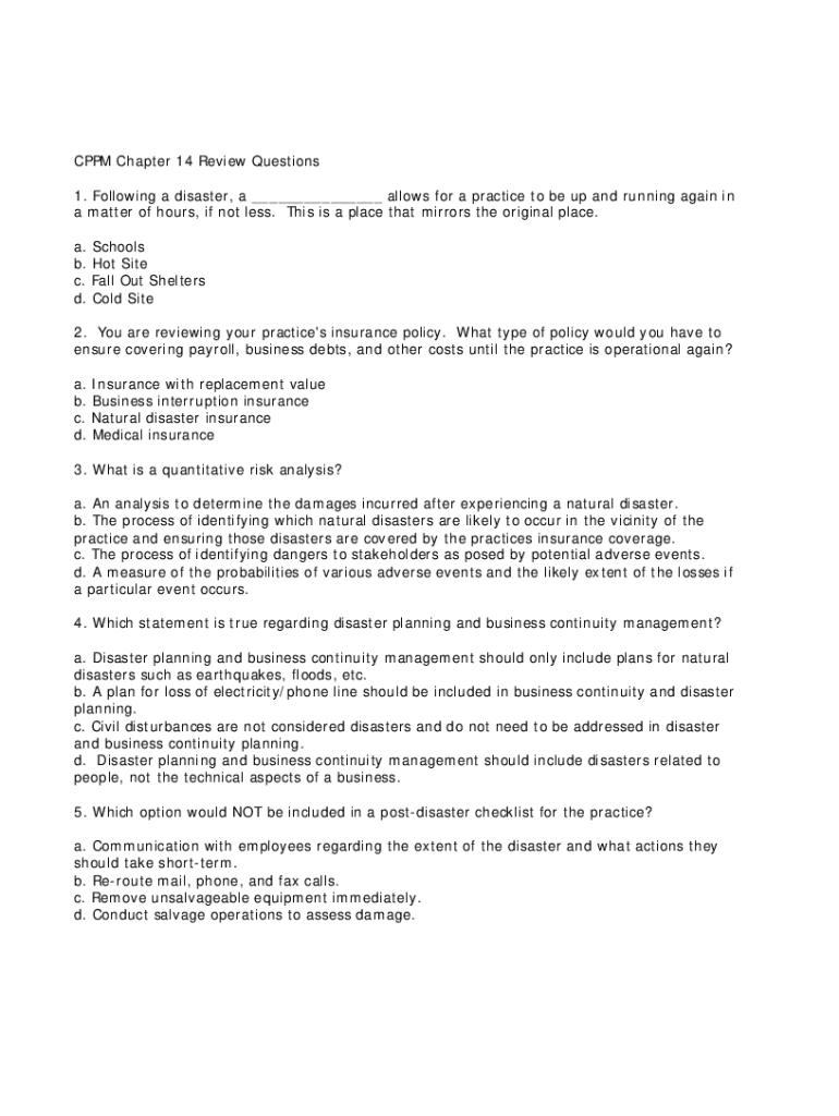 Fillable Online CPPM Chapter 14 Review Questions 1. Following a disaster, a ... Fax Email Print ...