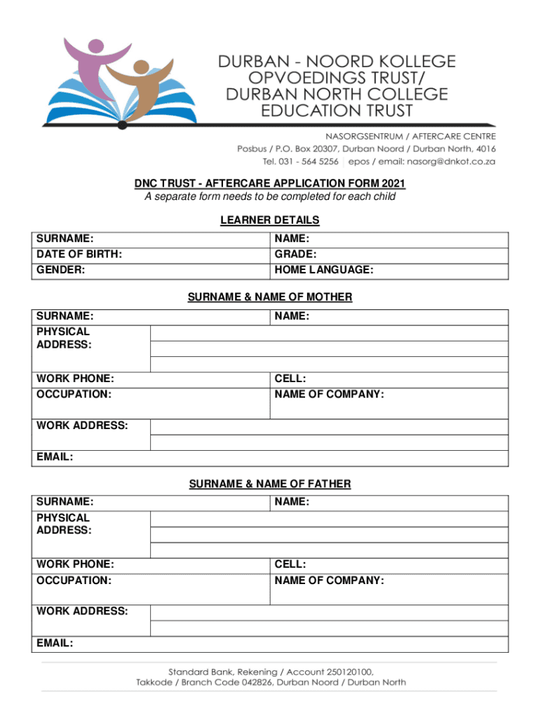 Fillable Online durbannorthcollege co DNC TRUST - AFTERCARE APPLICATION ...