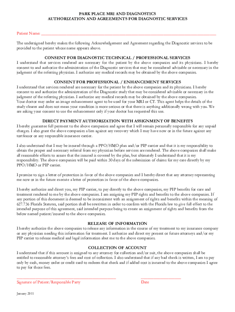 Fillable Online PARK PLACE MRI AND DIAGNOSTICS AUTHORIZATION ... Fax ...