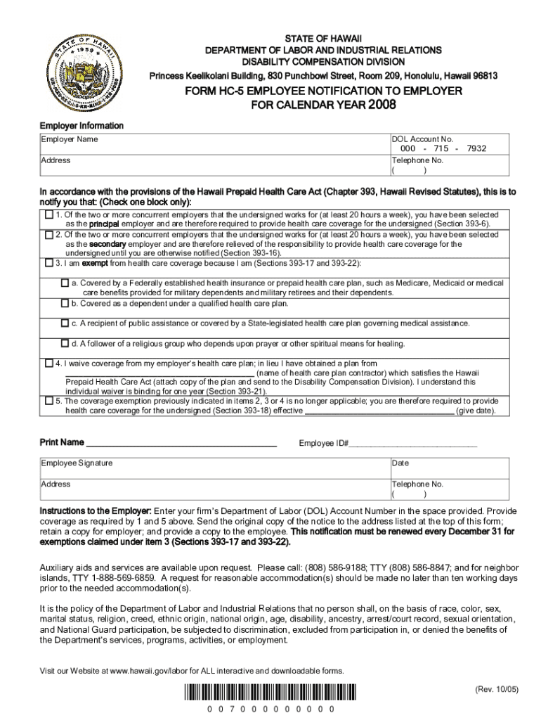 Fillable Online Instruction sheet for form hc-5 employee - Department ...