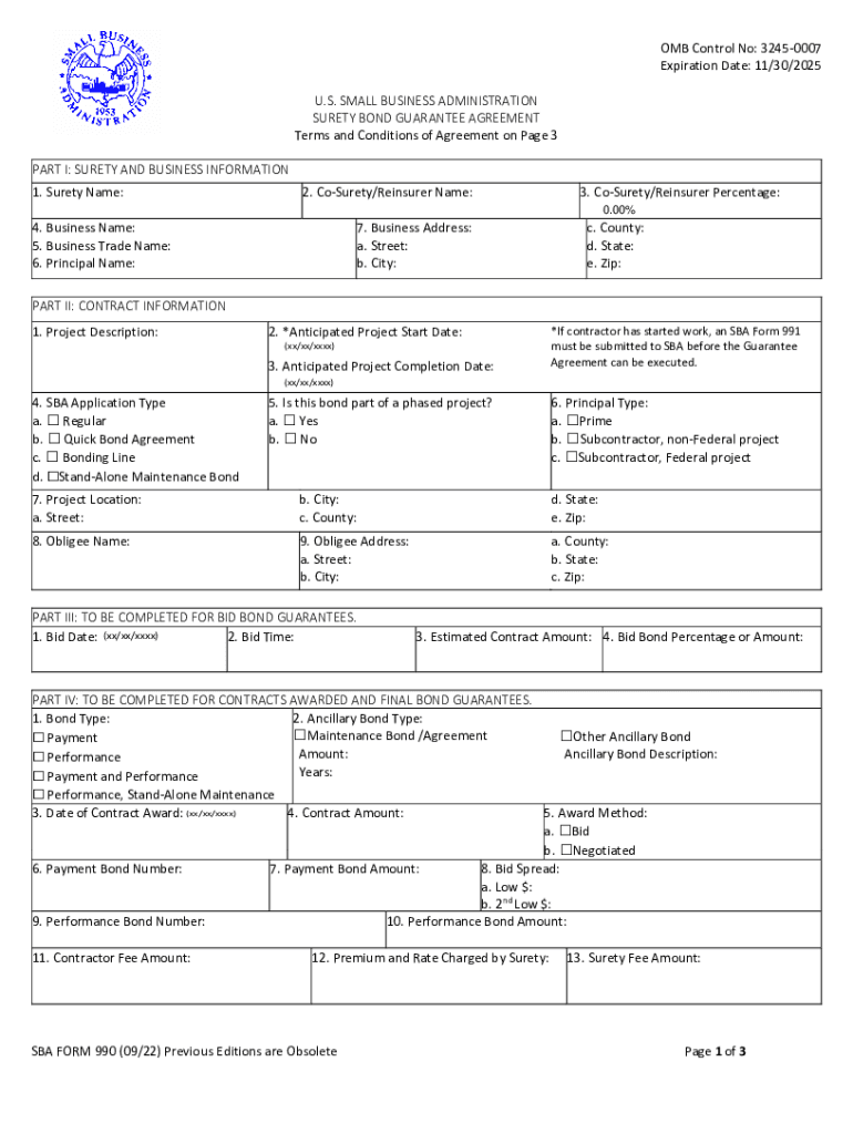 Fillable Online SBA Form 990. Surety Bond Guarantee Agreement Fax Email Print - pdfFiller