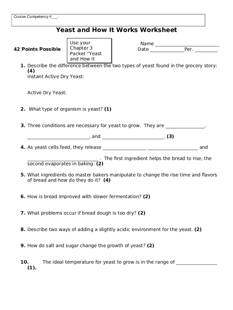 Yeast Bread Worksheet Doc Template | pdfFiller