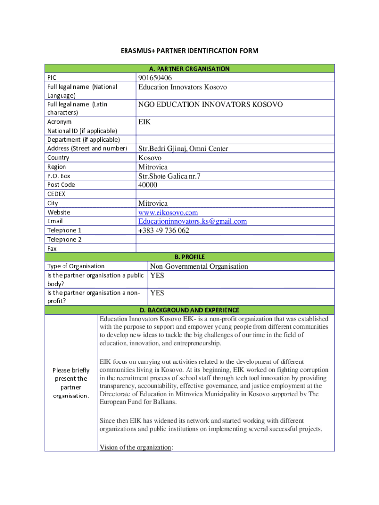 Fillable Online erasmus+ partner identification form Fax Email Print ...