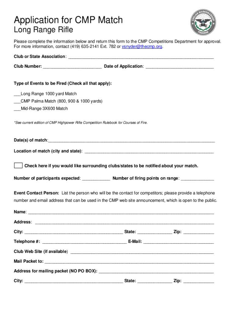 Fillable Online Application for CMP Match - Long Range Rifle Fax Email ...