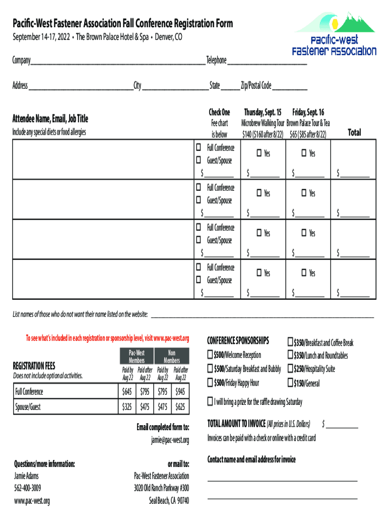 Fillable Online Pacific-West Fastener Association Fall Conference ...