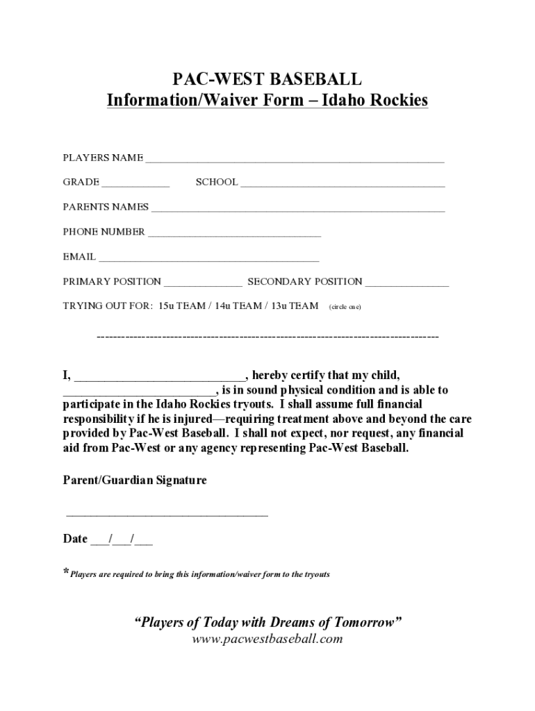 Fillable Online PAC-WEST BASEBALL Information/Waiver FormIdaho Rockies ...