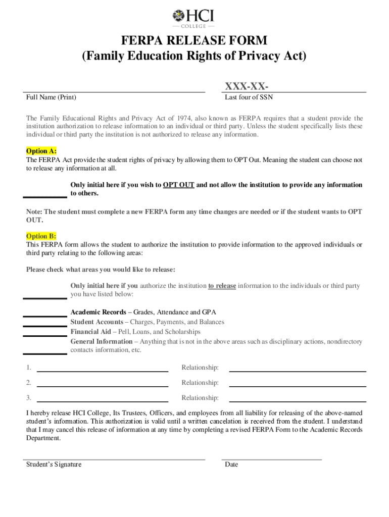 Fillable Online FERPA RELEASE FORM (Family Education Rights of ... Fax Email Print - pdfFiller