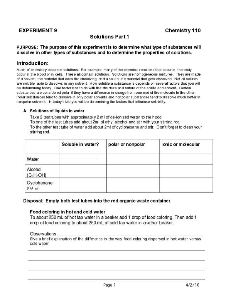 Fillable Online EXPERIMENT 9 Chemistry 110 Solutions Part 1 PURPOSE Fax Email Print - pdfFiller