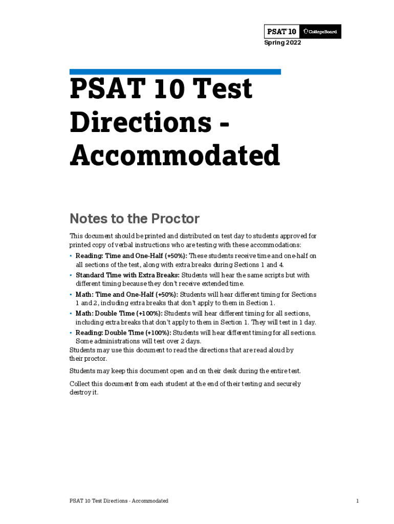 Fillable Online PSAT 10 Test Directions - Accommodated Fax Email Print ...