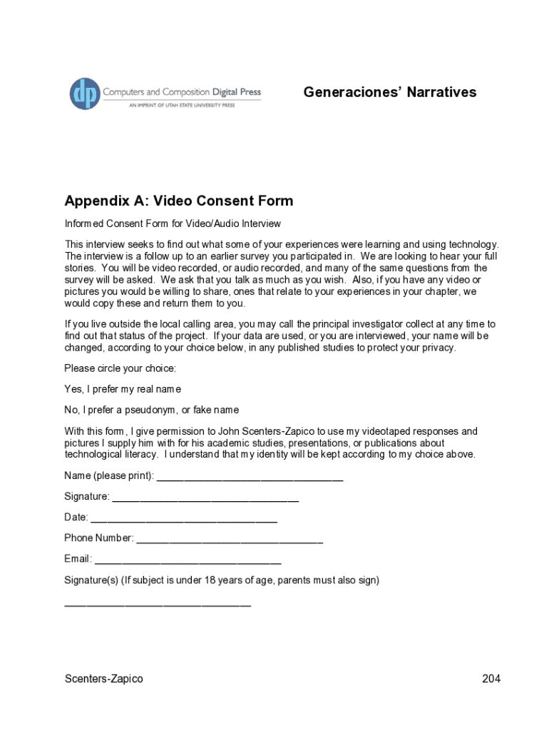 Fillable Online Generaciones' Narratives Appendix A: Video Consent Form Fax Email Print - pdfFiller