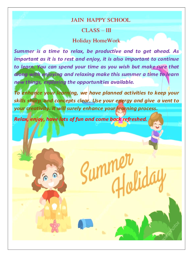 Fillable Online III Holiday HomeWork Summer is a ... - JAIN HAPPY ...