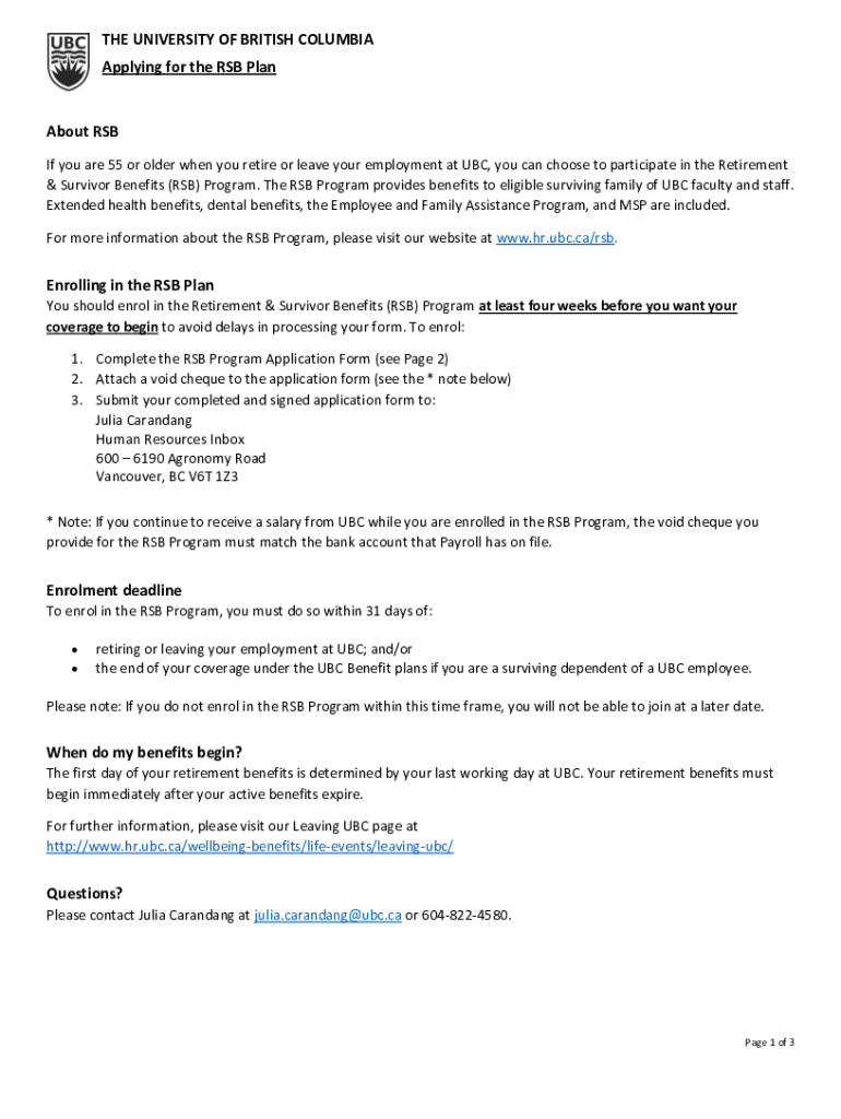 Fillable Online hr ubc Retirement & Survivor Benefits (RSB) Program ...