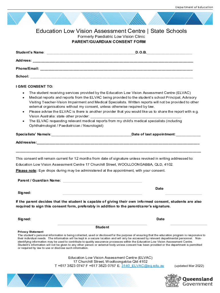 Fillable Online education qld gov ELVAC parent consent form. ELVAC ...