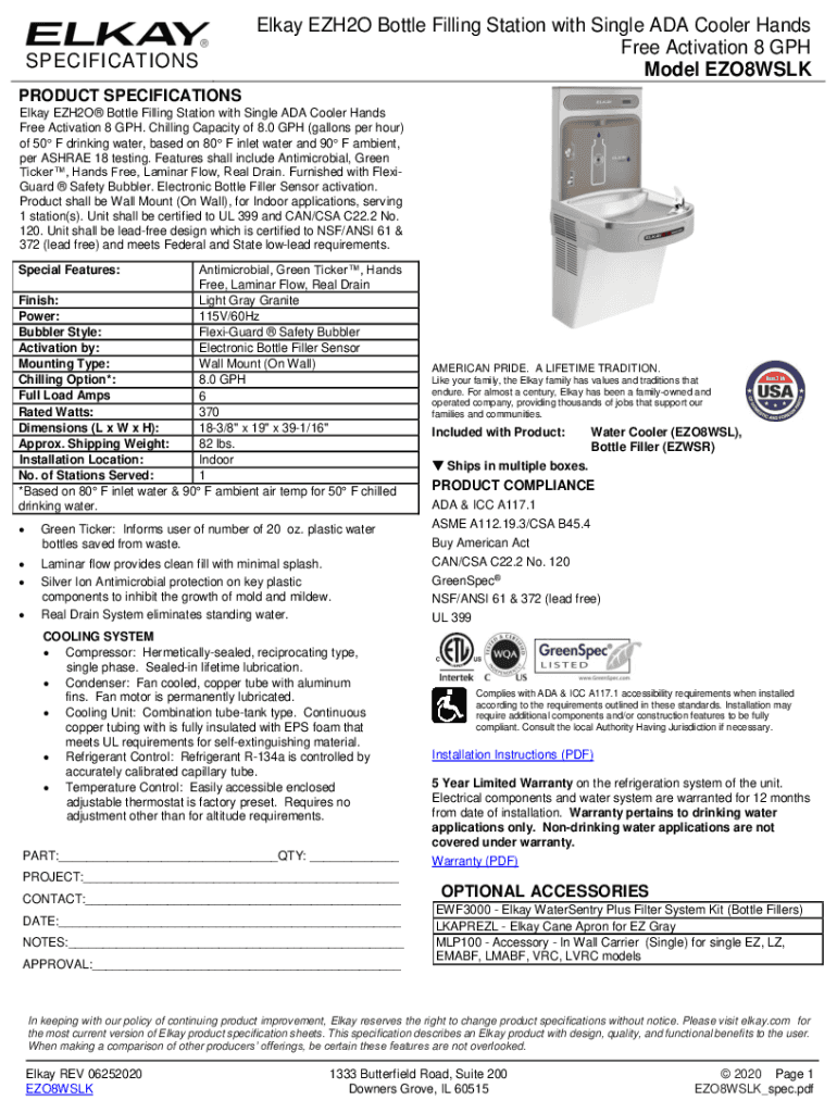 Fillable Online Elkay Ezh2o Filtered Bottle Filling Station With Single Ada ... Fax Email Print ...