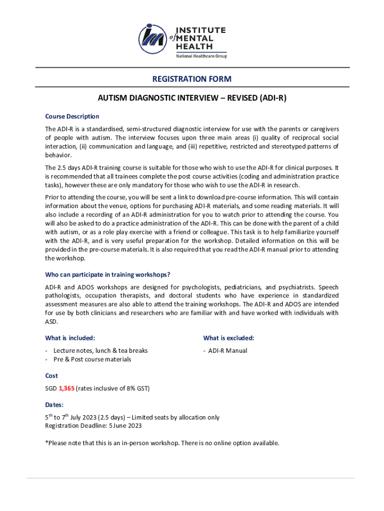 Fillable Online REGISTRATION FORM AUTISM DIAGNOSTIC INTERVIEW ... Fax ...