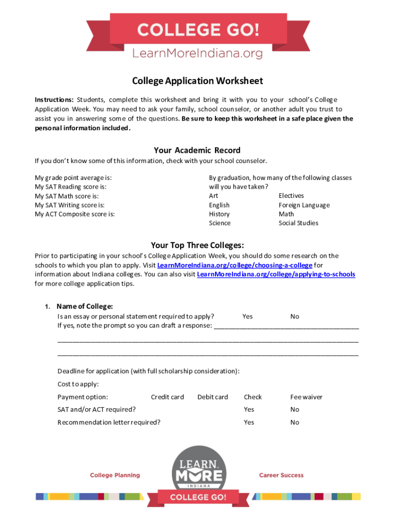 Fillable Online COLLEGE APPLICATION WORKSHEET Fax Email Print - pdfFiller