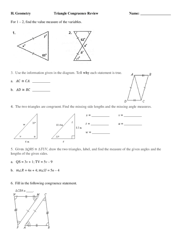 Fillable Online Triangle Congruence: SSS and HL Assignment and Quiz Fax ...