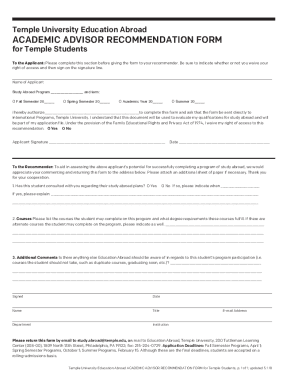 Fillable Online studyabroad temple ACADEMIC ADVISOR RECOMMENDATION FORM ...