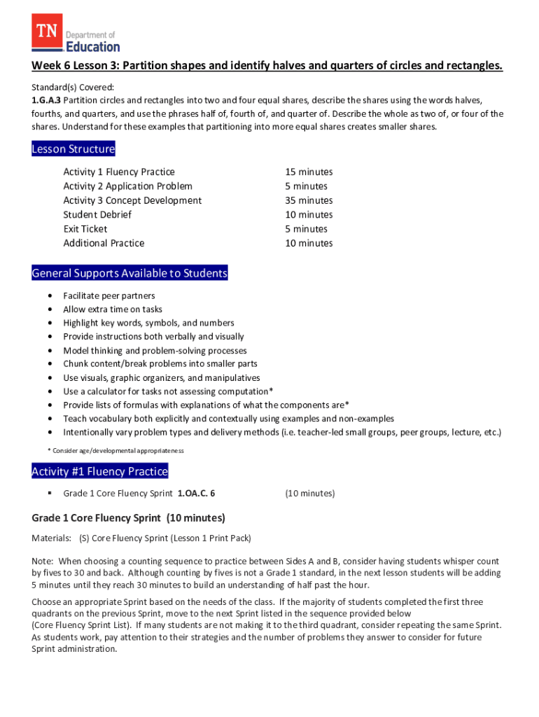 Fillable Online Week 6 Lesson 3: Partition shapes and identify halves ...