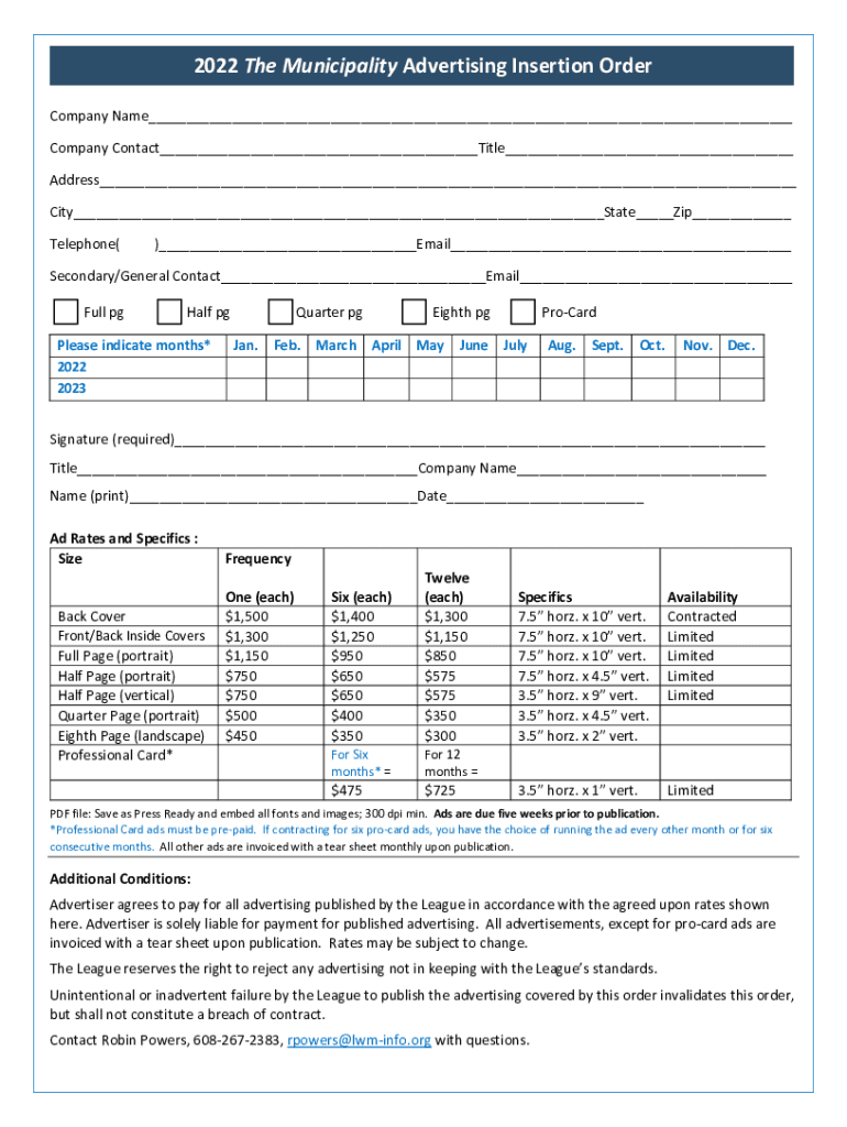 Fillable Online Ad Contract and Insertion Order Fax Email Print - pdfFiller