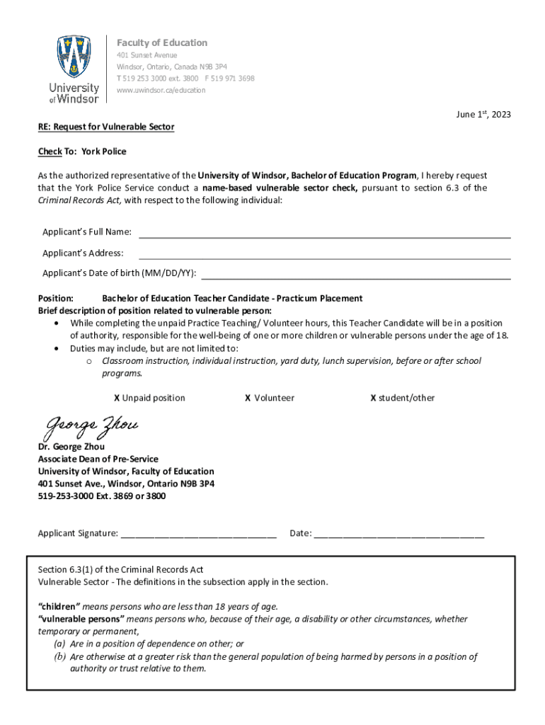 Fillable Online June 1st, 2023 RE: Request for Vulnerable Sector Check ...