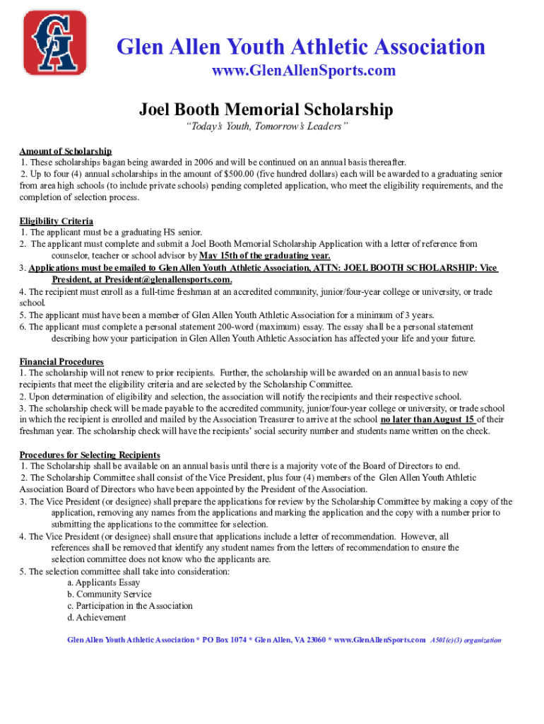 Fillable Online Joel Booth Scholarship Application and Instructions Fax ...