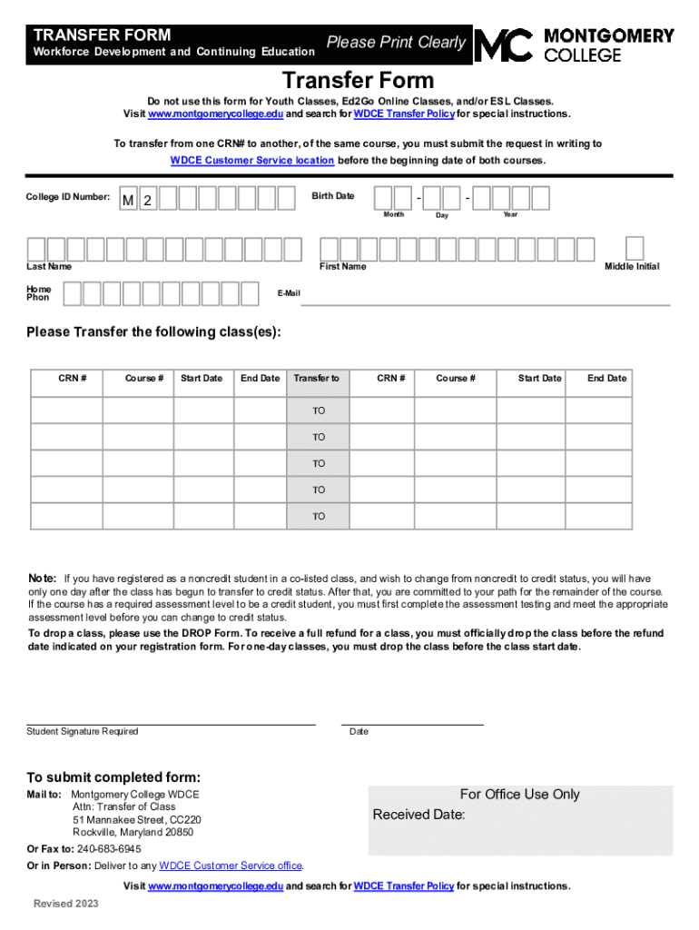 Fillable Online TRANSFER FORM WDCE, Montgomery College, Workforce Development & Continuing ...