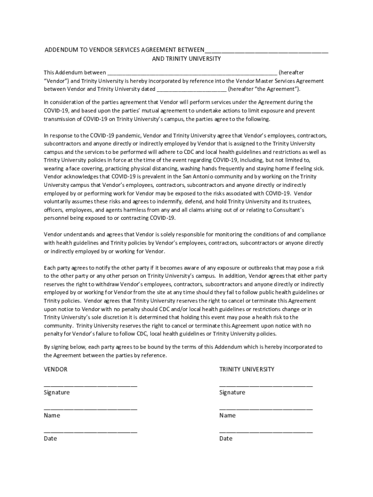 Fillable Online ADDENDUM TO VENDOR SERVICES AGREEMENT ... Fax Email ...