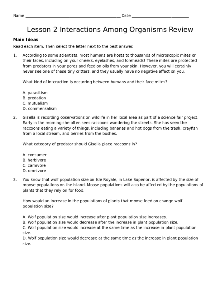 Fillable Online Lesson 2 Interactions Among Organisms Review Fax Email ...