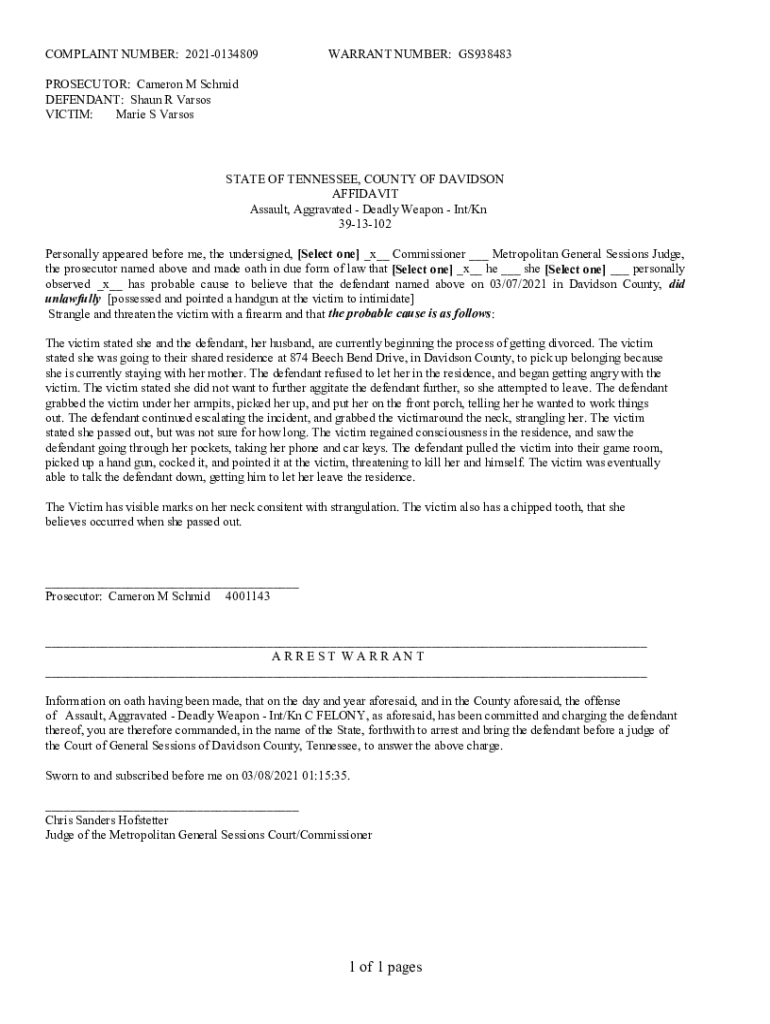 Fillable Online Shaun Varsos Aggravated Assault Affidavit Fax Email ...