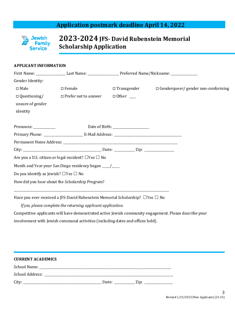 Fillable Online JFS-David Rubenstein Memorial Scholarship Fax Email ...