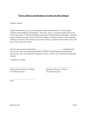 Fillable Online Waiver, Release and Discharge of Claims for Plant ...