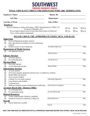 Fillable Online Final Check-Out Sheet for Employees - Southwest.tn.edu ...